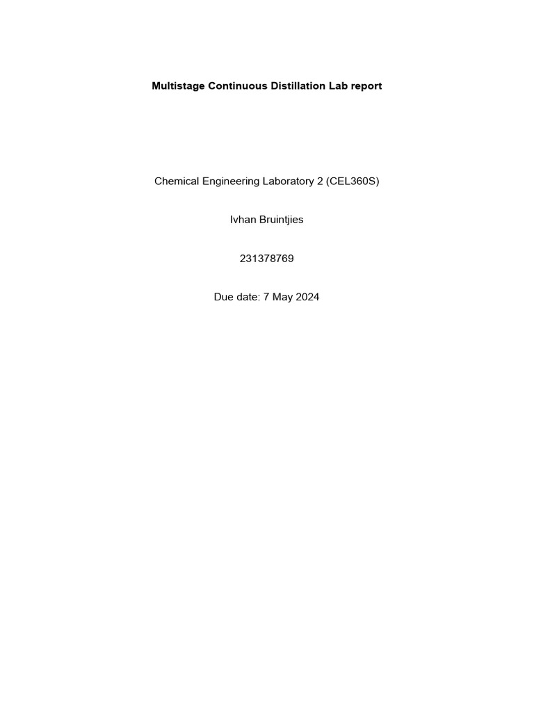 Continuous Distillation Report - 231378769 - Ivhan Bruintjies | PDF