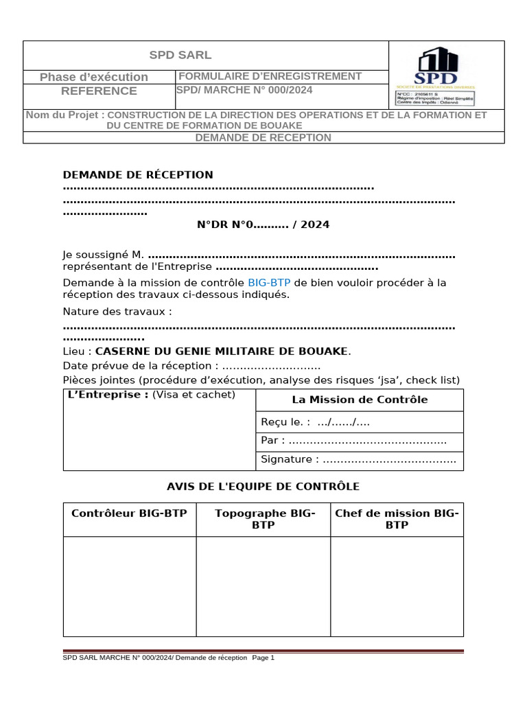 FICHE DE DEMANDE DE RECEPTION 101024 | PDF