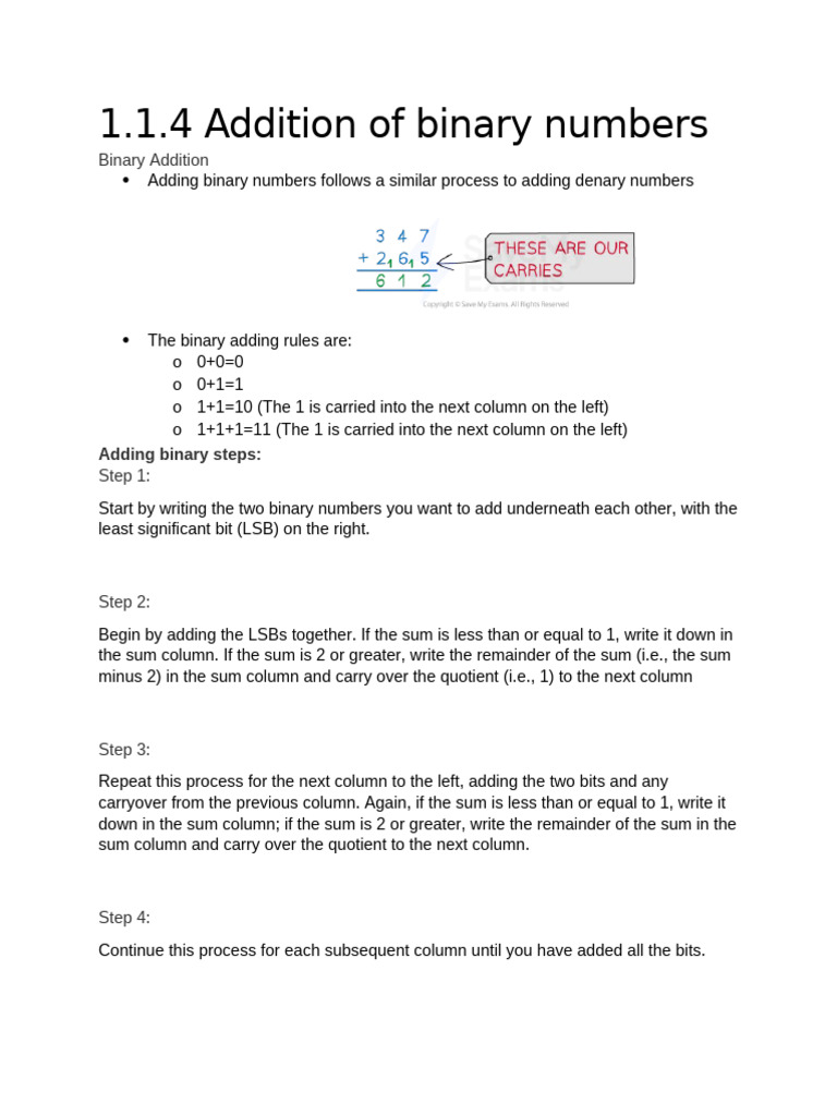 1.1.4 Addition of Binary Numbers | PDF