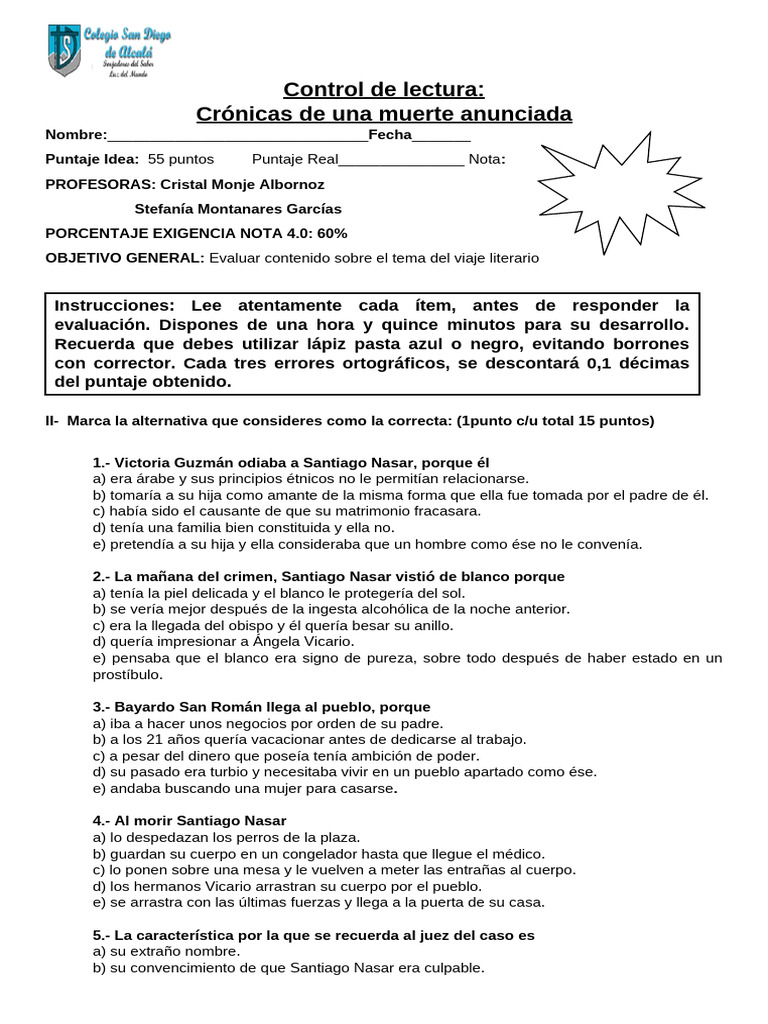 Control de Lectura Crónicas de Una Muerte Anunciada | PDF