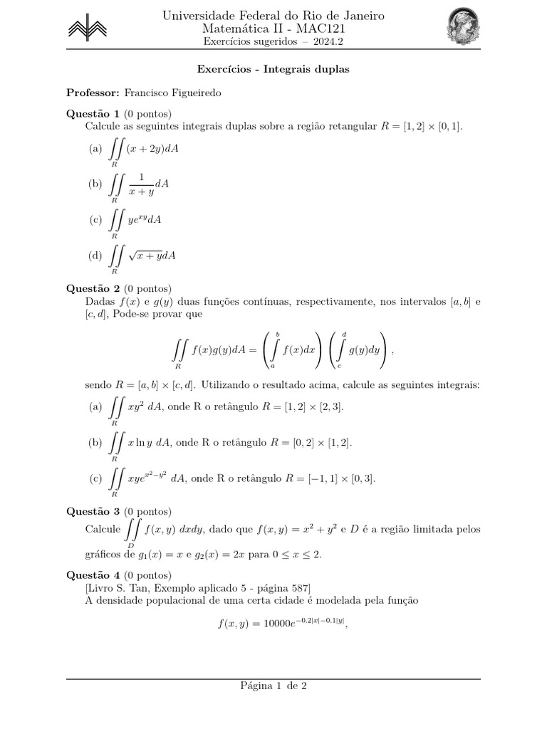 Matemática II Lista de Exercícios Integrais Duplas-1 | PDF