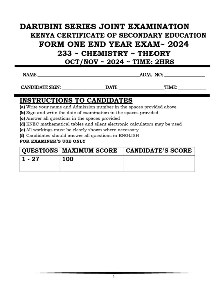 Darubini Series Joint Examination Form One End Year Exam 2024 | PDF
