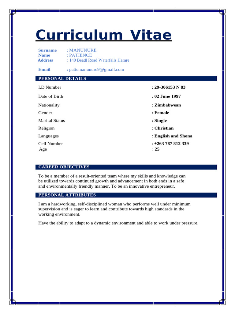 Patience Manunure Curriculum Vitae | PDF | Wellness
