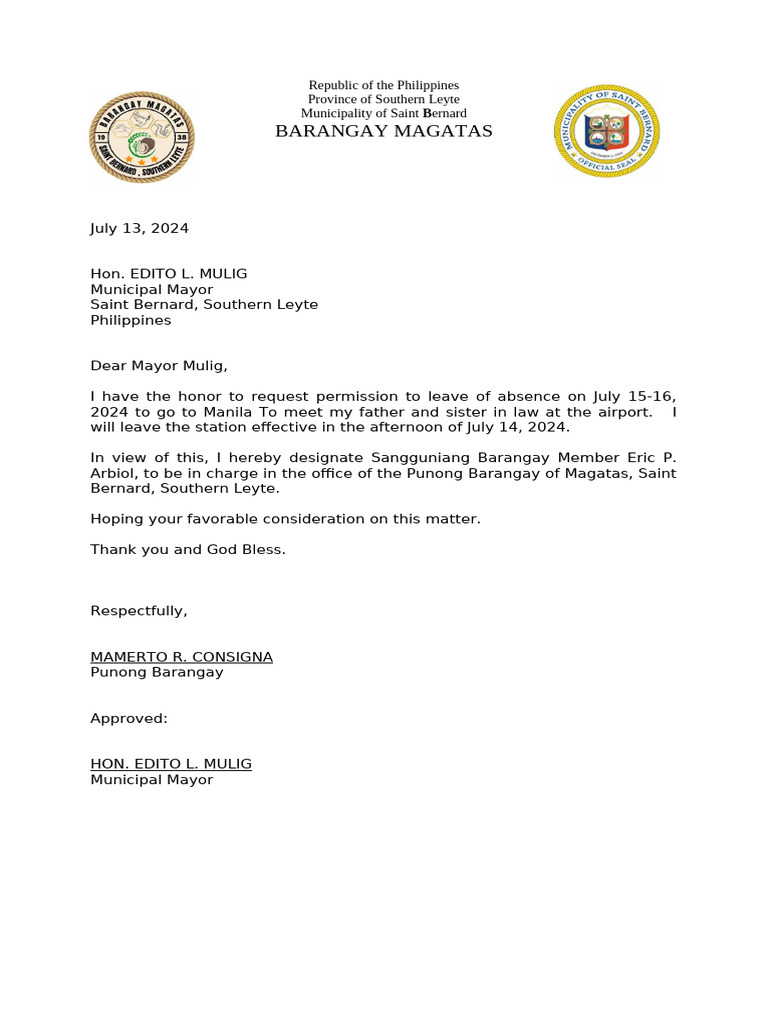 Leave of Absence Punong Barangay | PDF