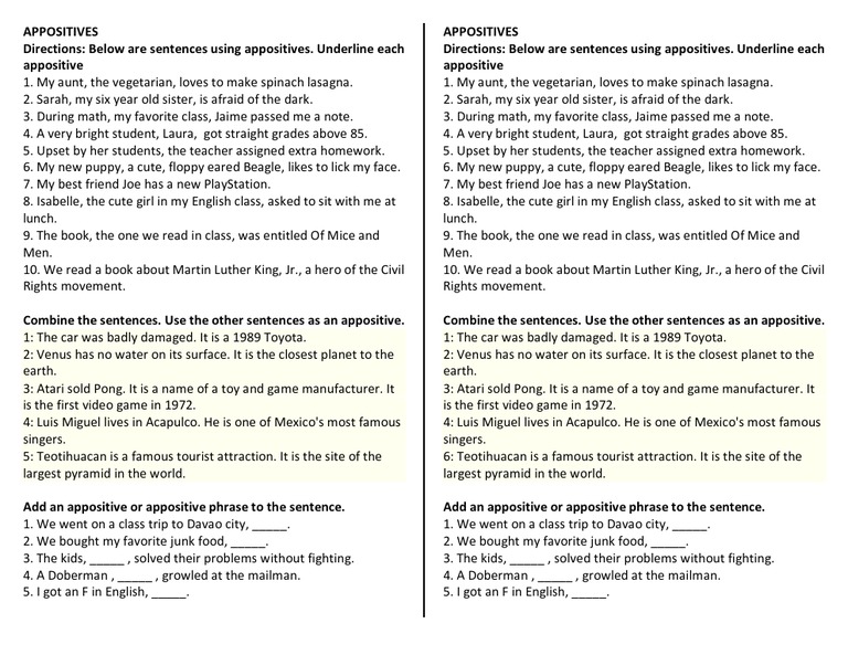 Appositive Exercises for Kids | PDF