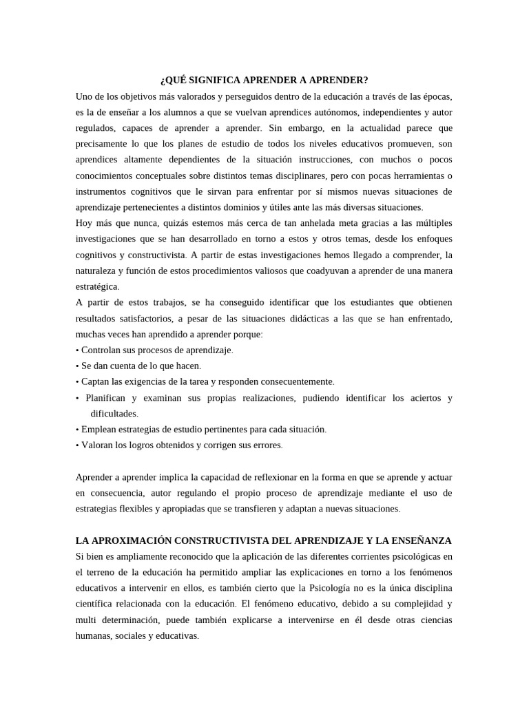 Qué Significa Aprender A Aprender | PDF