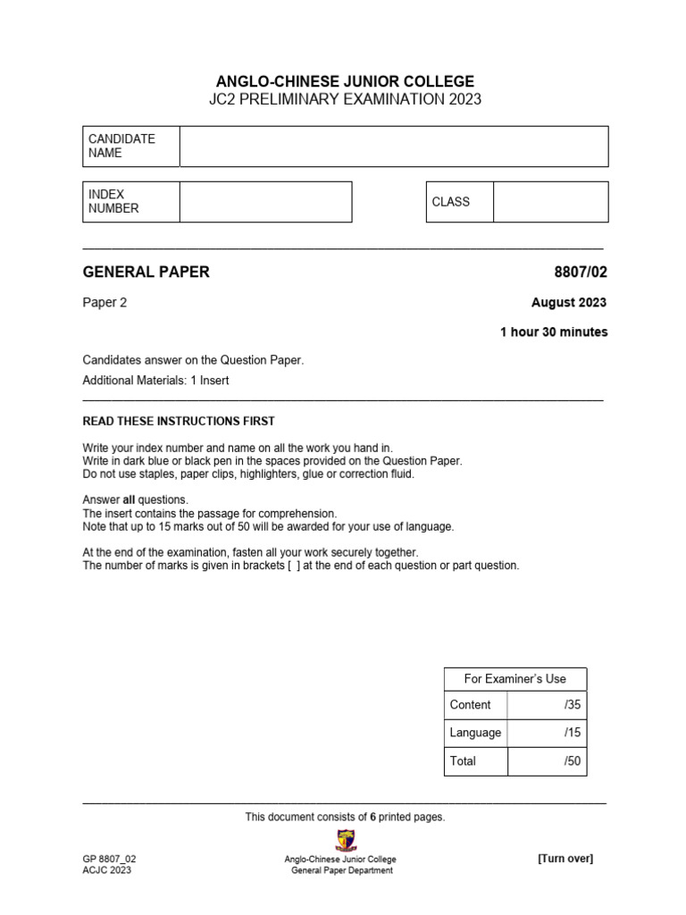 ACJC 2023 P2 Prelim | PDF