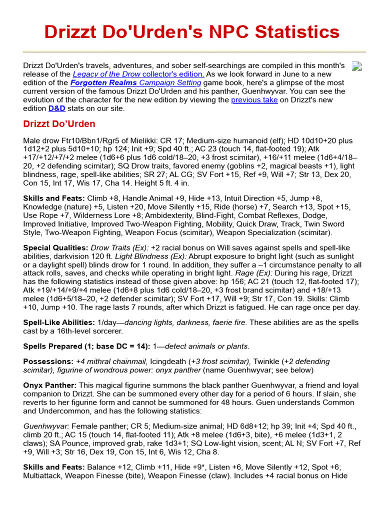 Drizzt Do'Urden's NPC Statistics | PDF