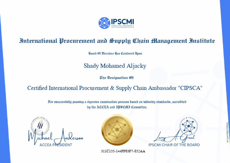 IPSCMI Certificate Certified International Procurement Supply Chain Ambassador CIPSCA Shady ...