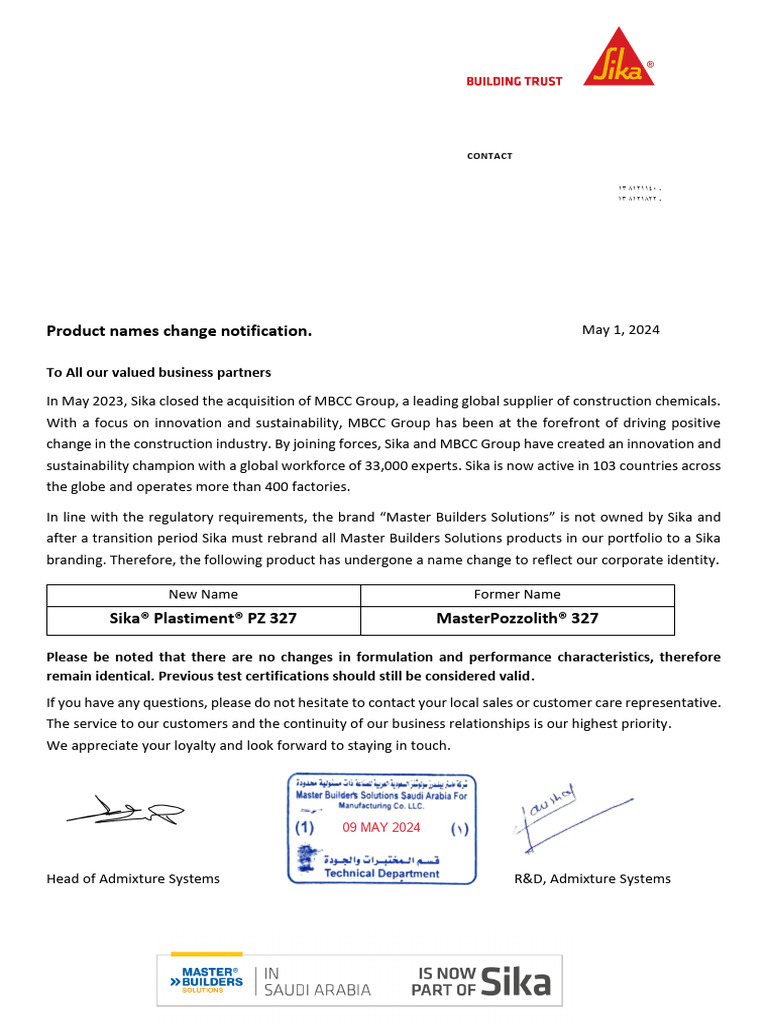 MasterPozzolith® 327 - MBCC - SIKA Product Rename Letter | PDF
