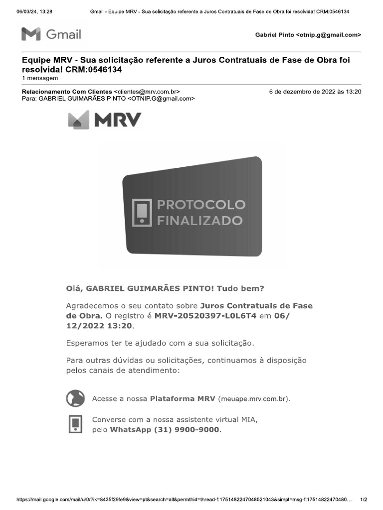 Protocolo MRV Juros Contratuais | PDF