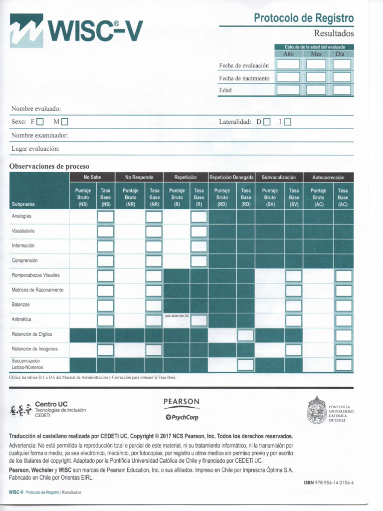 Protocolo de Registro WISC-V Respuestas | PDF