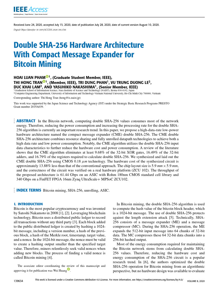 Double SHA-256 Hardware Architecture With Compact Message Expander For Bitcoin Mining | PDF