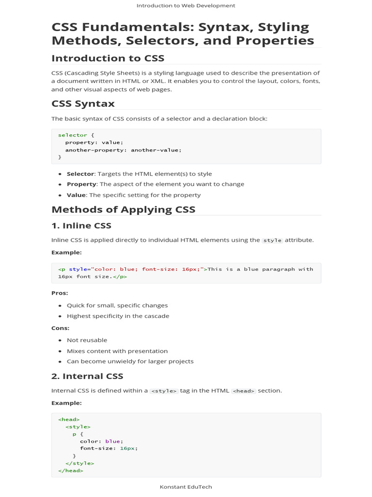 CSS Fundamentals Syntax, Styling Methods, Selectors, and Properties | PDF
