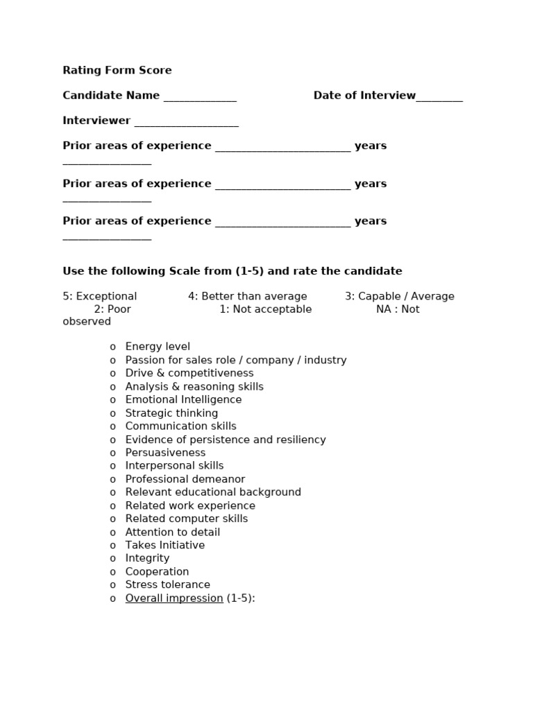 Interviewer Rating Form Score | PDF | Sales | Career & Growth