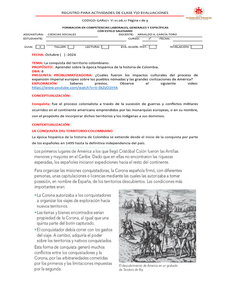 Guía de Ciencias Sociales 7c-Conquista Del Territorio Colombiano | PDF