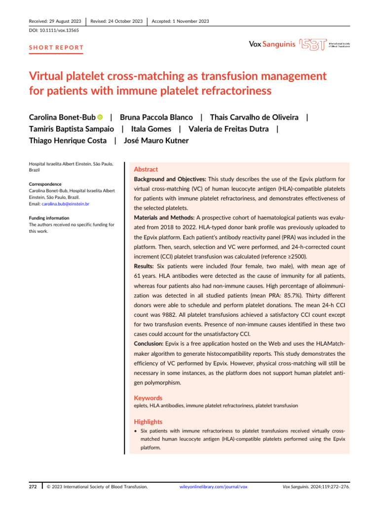 Vox Sanguinis - 2023 - Bonet Bub - Virtual Platelet Cross Matching As ...