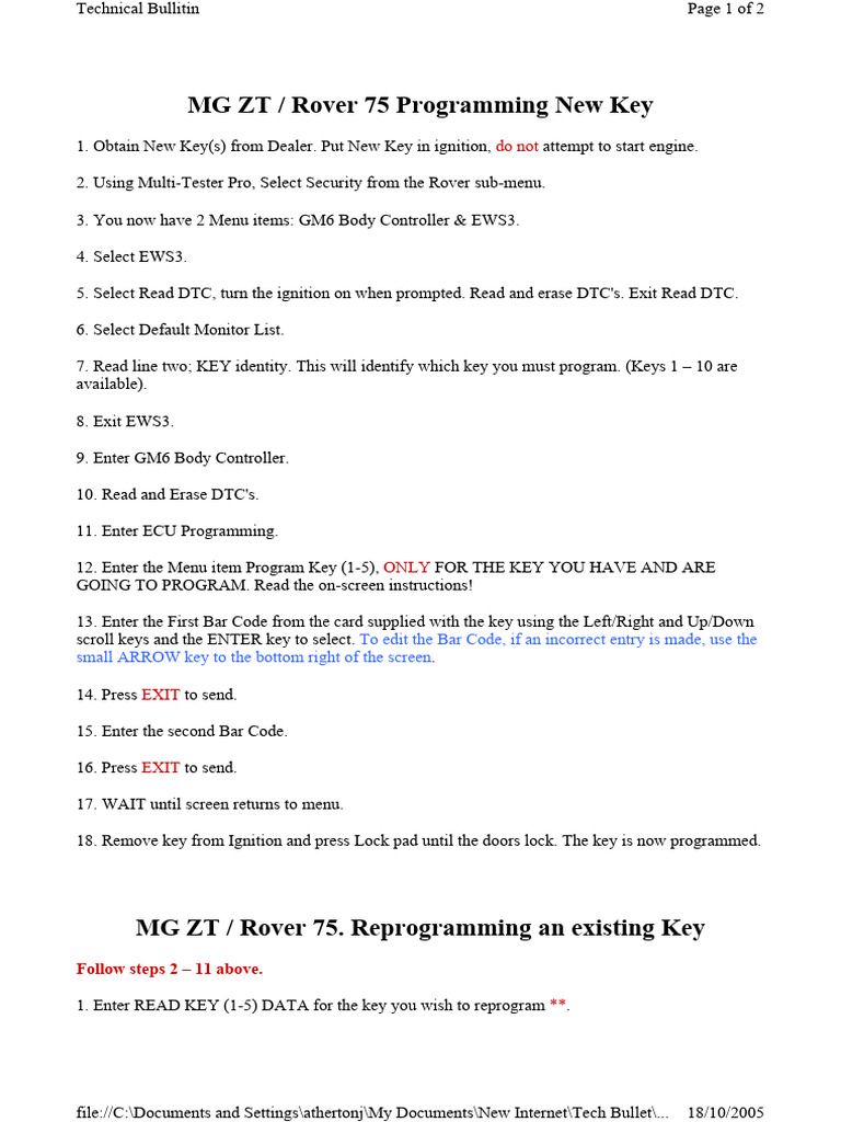 MG ZT Rover 75 Programming New Key | PDF