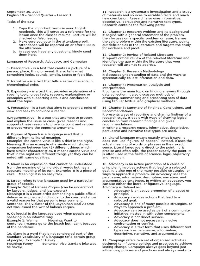 ENG10 Q2 L1 Handout | PDF | Reason | Cognition