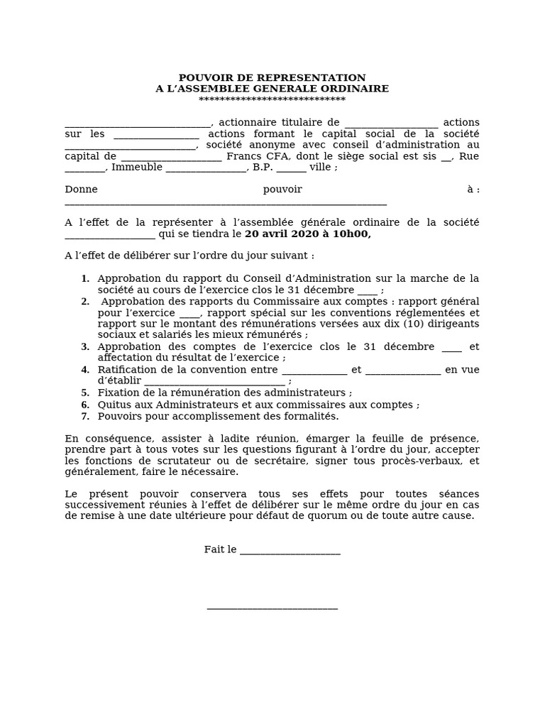 Modèle de Pouvoir de Représentation À Une Assemblée Générale | PDF