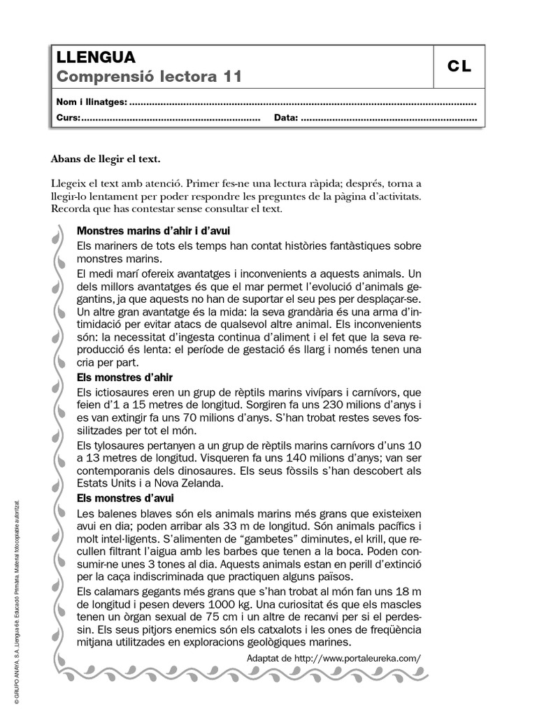 Comprensión Lectora 1 Comprensió Lectora 11: Lengua Llengua CL | PDF