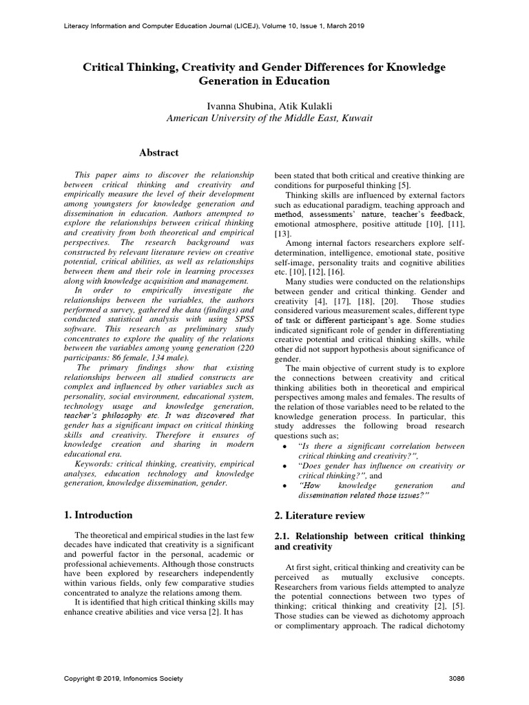Critical Thinking Creativity and Gender | PDF