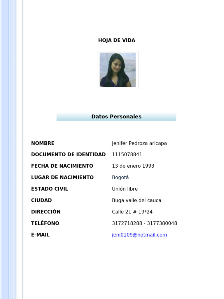 Hoja de Vida Jennifer Pedroza - 103509 | PDF