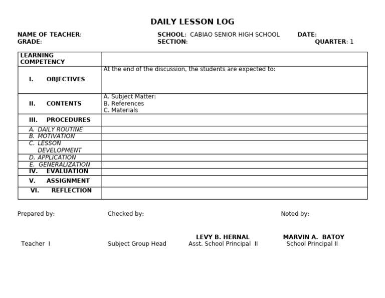 Daily Lesson Log: Name of Teacher School Date Grade Section Quarter ...