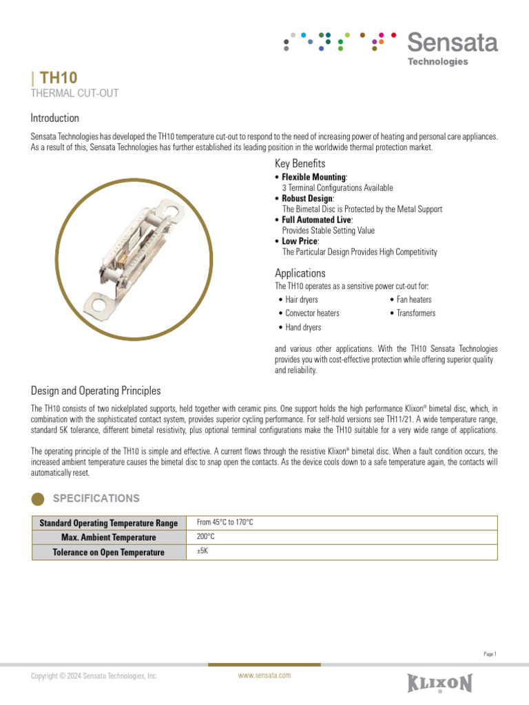 sensata-th10-temperature-cut-out-datasheet | PDF
