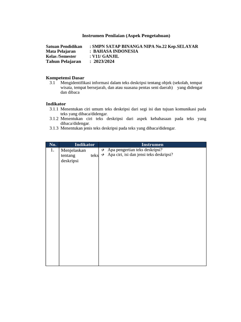 13.instrumen Penilaian Tes Lisan RPP 1 | PDF