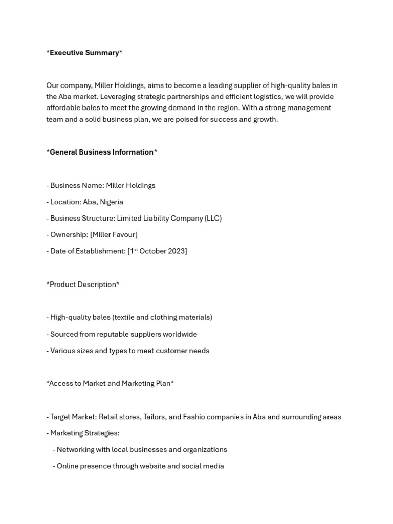 Business Plan Miller Favour | PDF