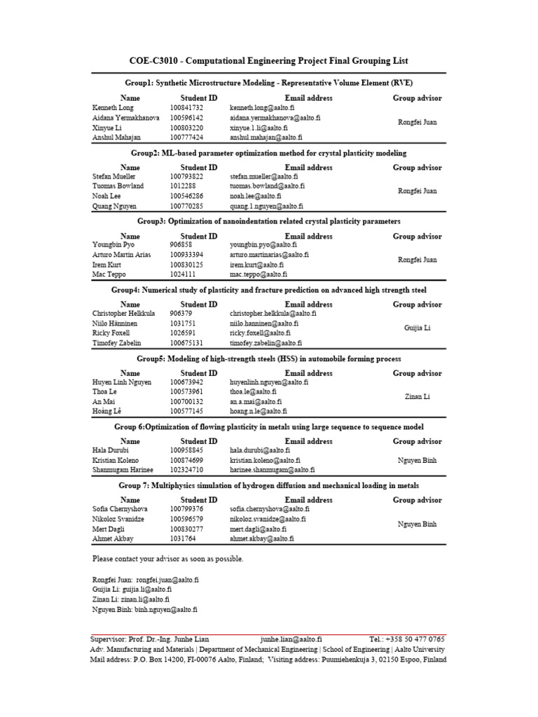 COE-C3010 - Computational Engineering Project Final Grouping List | PDF