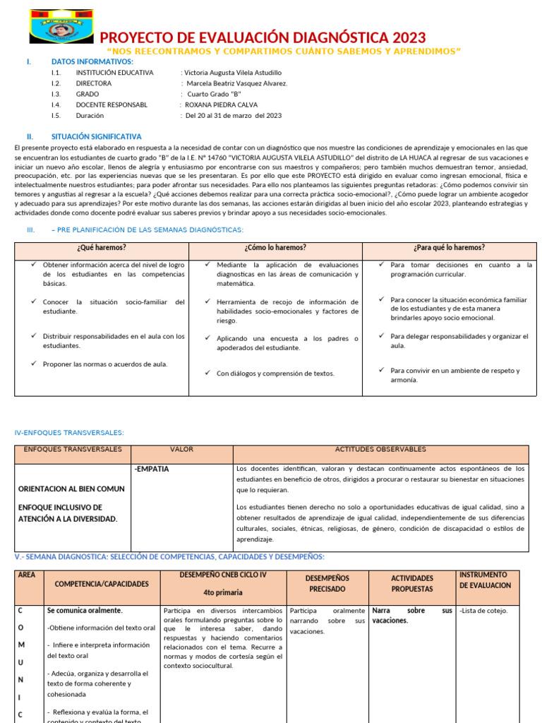 PROYECTO 01 DE EVALUACIÓN DIAGNÓSTICA 2 023 roxana piedra | PDF