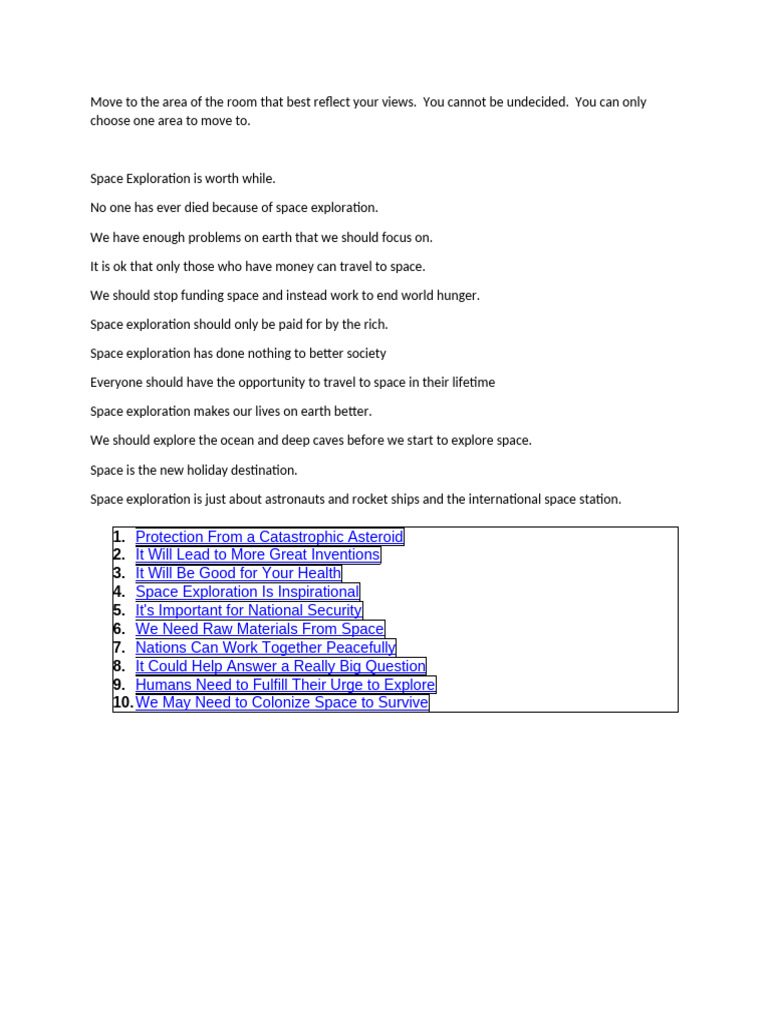 The Space Debate 4 Corners Activity | PDF