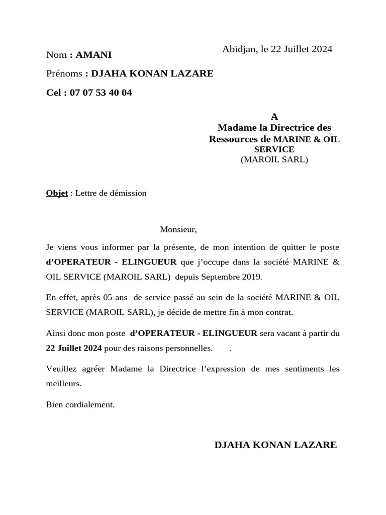 LETTRE DE DEMISSION MARINE | PDF
