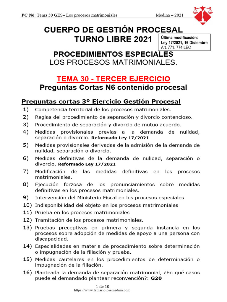 Preguntas Cortas N6 - Tema 30 (3º Ejercicio) Procesos Matrimoniales 2021 - 16 Dic | PDF