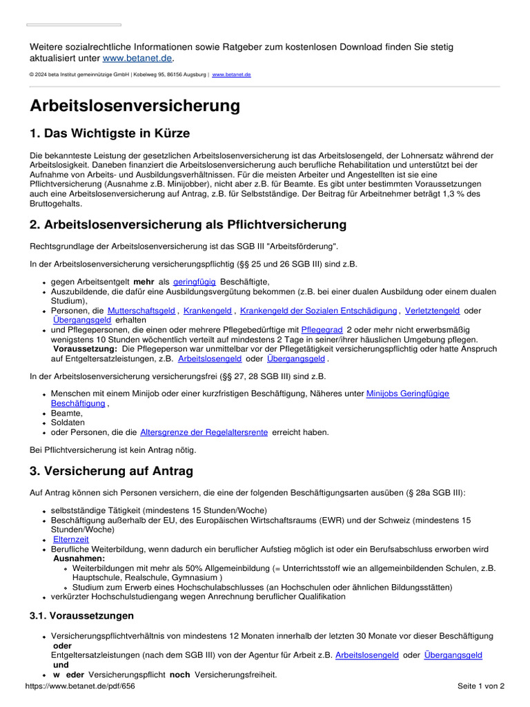 Arbeitslosenversicherung: 1. Das Wichtigste in Kürze | PDF
