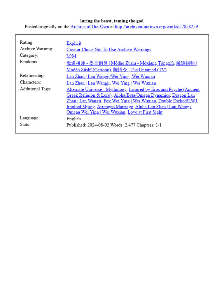 Luring The Beast, Taming The God (MDZS) | PDF