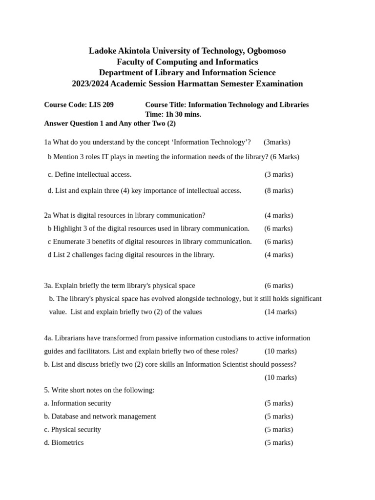 Note Lis 209 Information Technology and Libraries Harmattan Semester | PDF