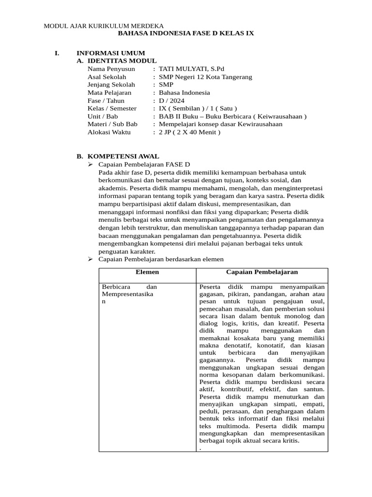 Modul Ajar Supervisi Bahasa Indonesia 2024 | PDF
