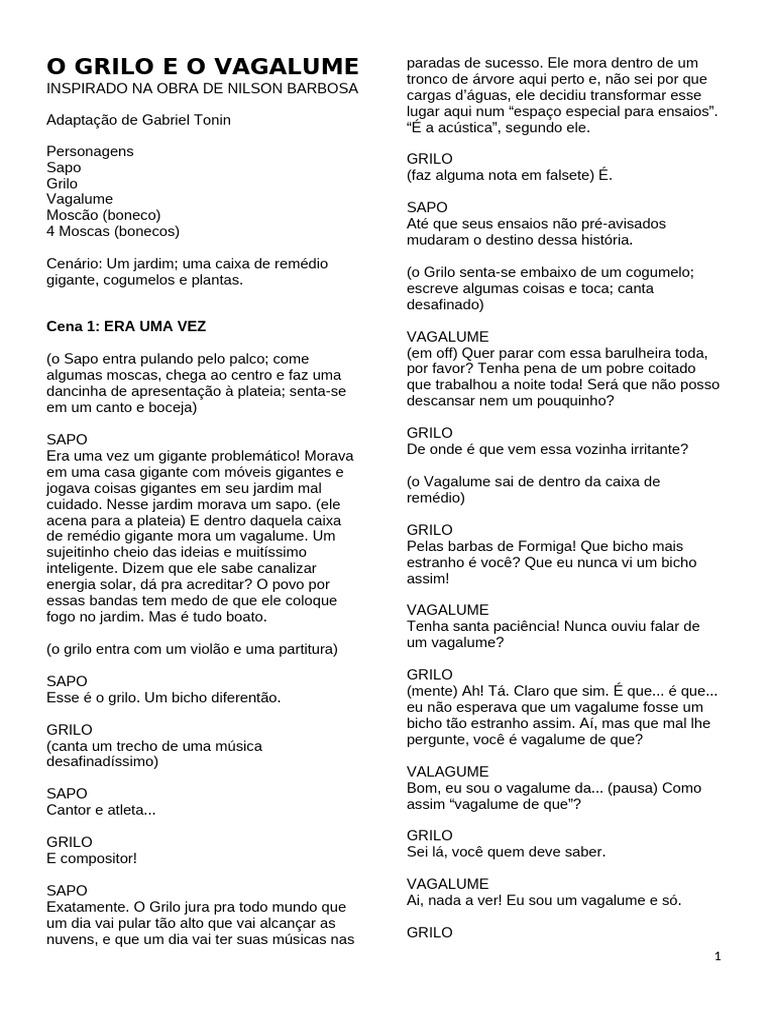 O Grilo E O Vagalume: Cena 1: Era Uma Vez | PDF