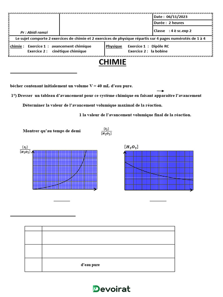 Devoir de Contrôle N°1 - Sciences Physiques - Bac Sciences Exp (2023 ...