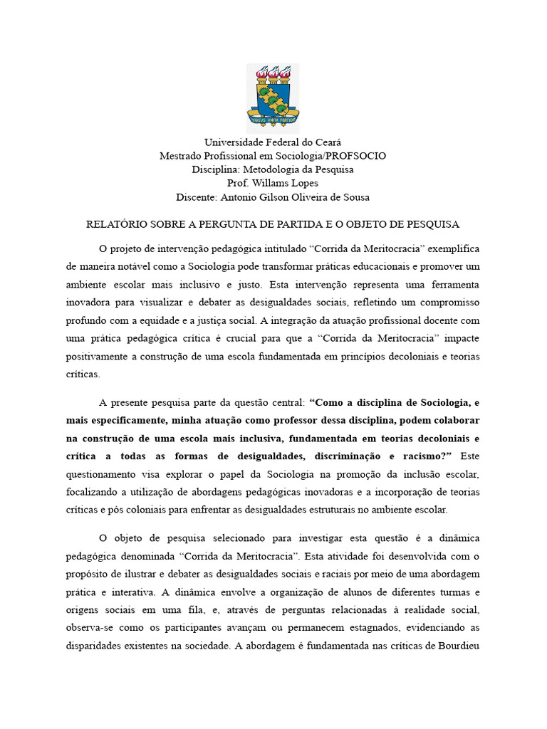 Relatório Sobre A Pergunta de Partida e o Objeto de Pesquisa - Oficial ...