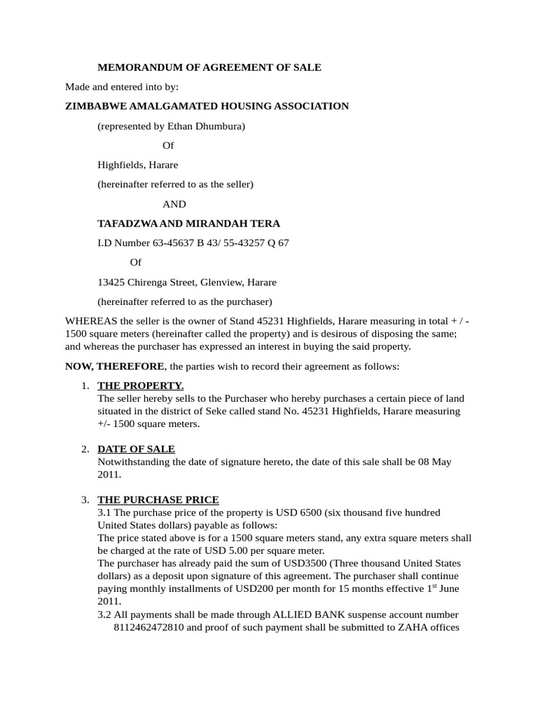 Memorandum of Agreement of Sale | PDF