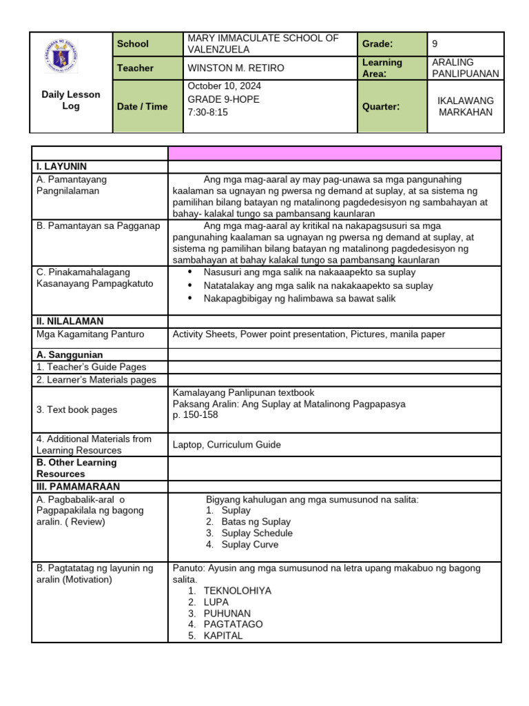 Lesson Plan Demo Grade 9 | PDF