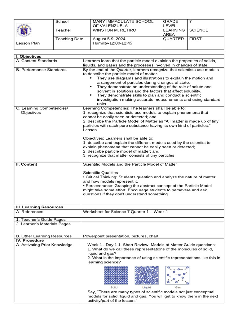 Lesson Plan in Science7 Quarter 1 | PDF