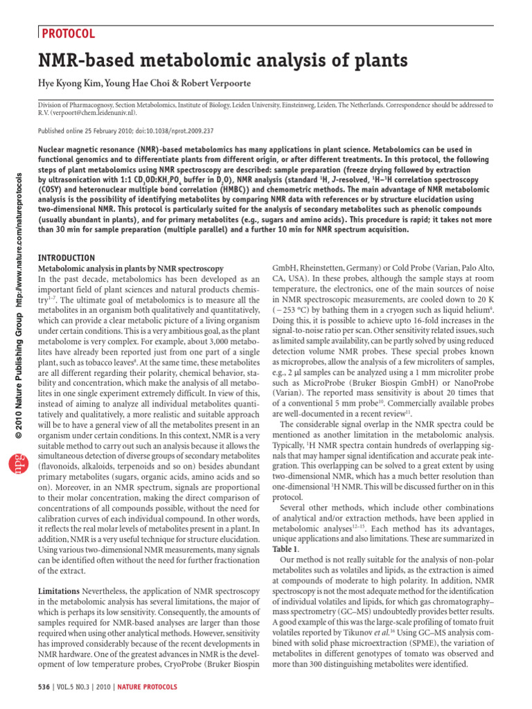 Nmr Based Metabolomic Analysis Of Plants Pdf