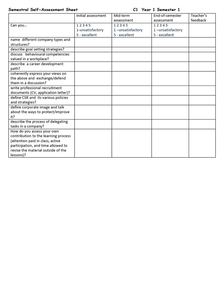 Student self-assessment form | PDF
