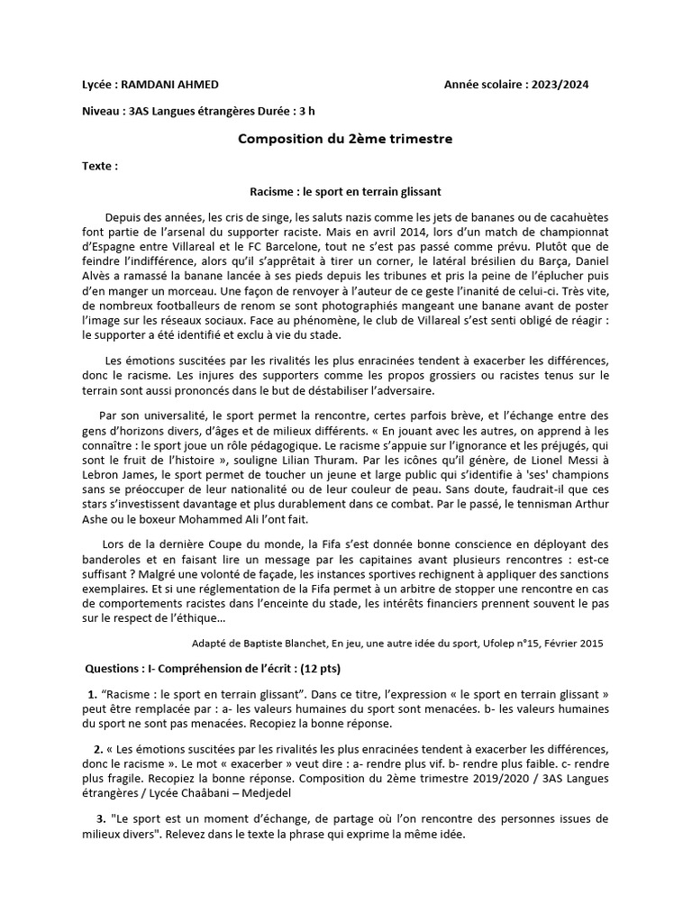 Examen 3as Langues Etrangere | PDF