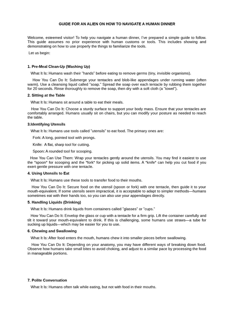 Guide For An Alien On How To Navigate A Human Dinner | PDF